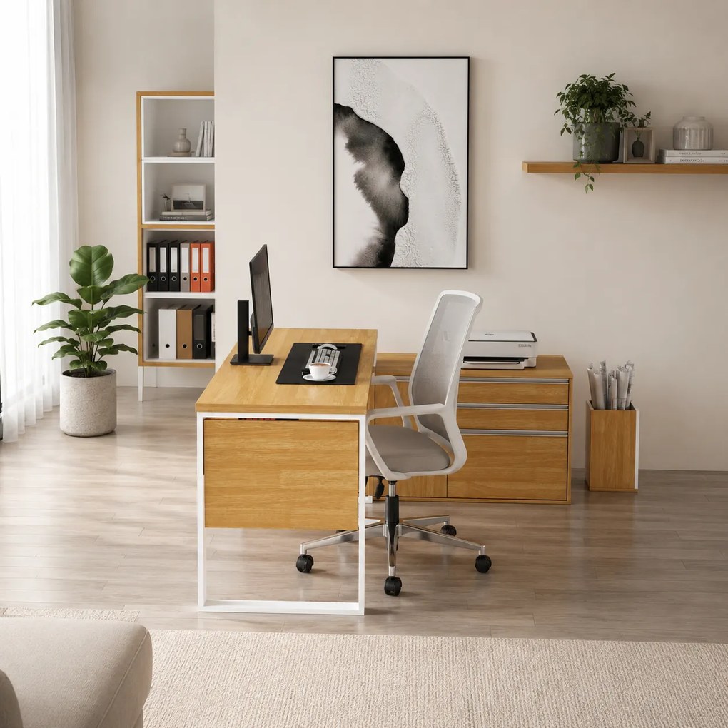 Rohový kancelářský stůl s komodou Houseland Nuvia Home 04 194 cm dub/bílý