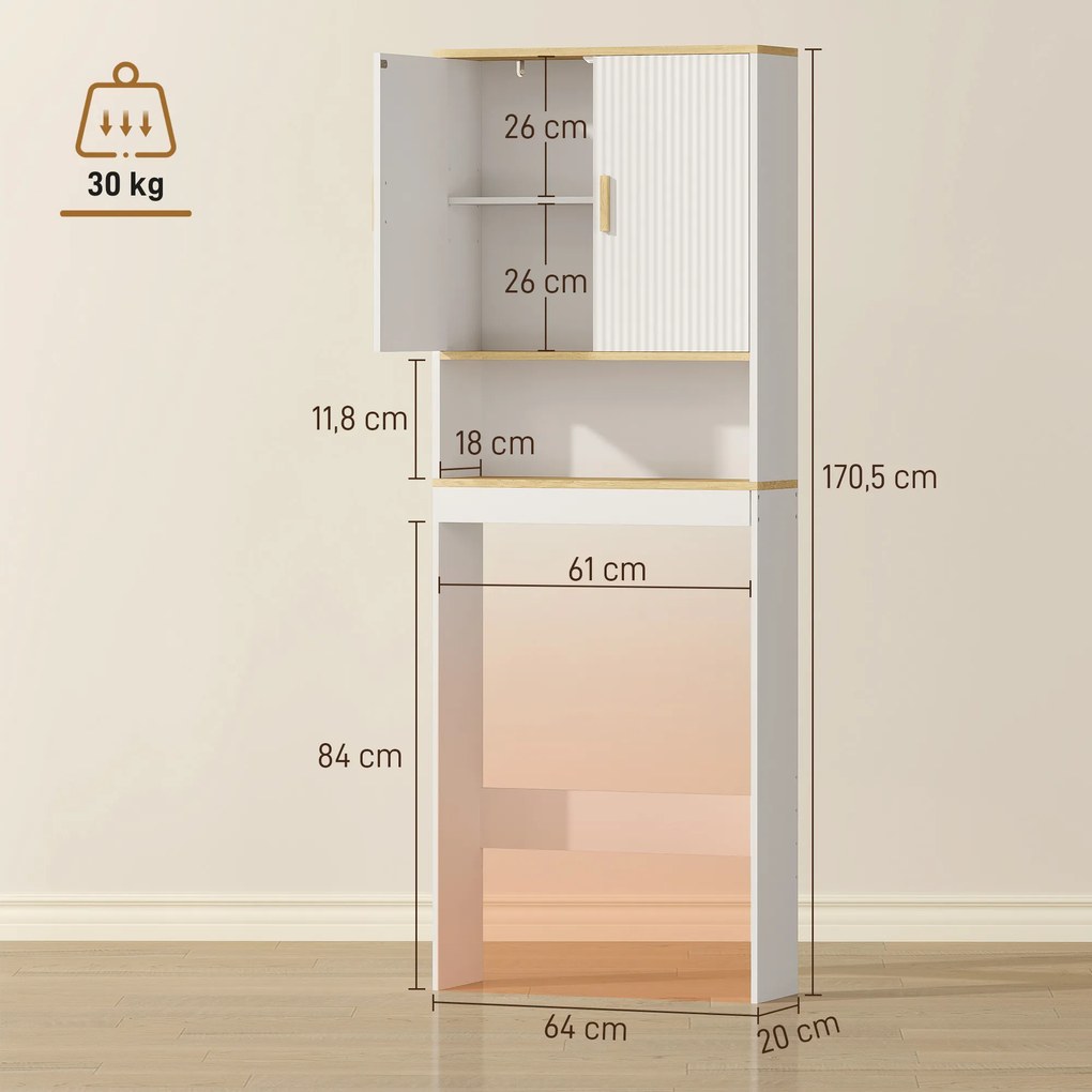 HOMCOM koupelnová police nad WC, 3 patra s otevřeným odkládacím prostorem, 2 dveře a nastavitelná vložená police, 64x20x170,5 cm, bílá