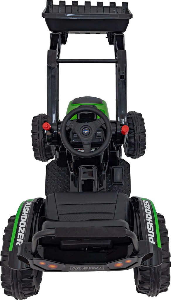 Ramiz Dětský bagr-traktor na baterie zelený + pohyblivé rameno s lžící + dálkové ovládání + pomalý start + FM rádio + LED