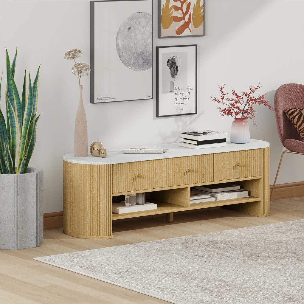 HOMCOM TV skříň 140 cm, televizní nábytek pro 65palcové televize s mramorovým efektem, 3 drážkované čelníky zásuvek, efekt přírodního dřeva