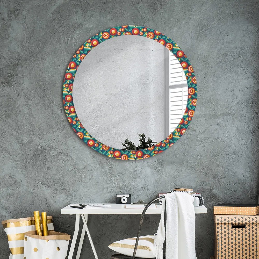 Kulaté zrcadlo tištěný rám Geometrické ovoce a listy fi 90 cm