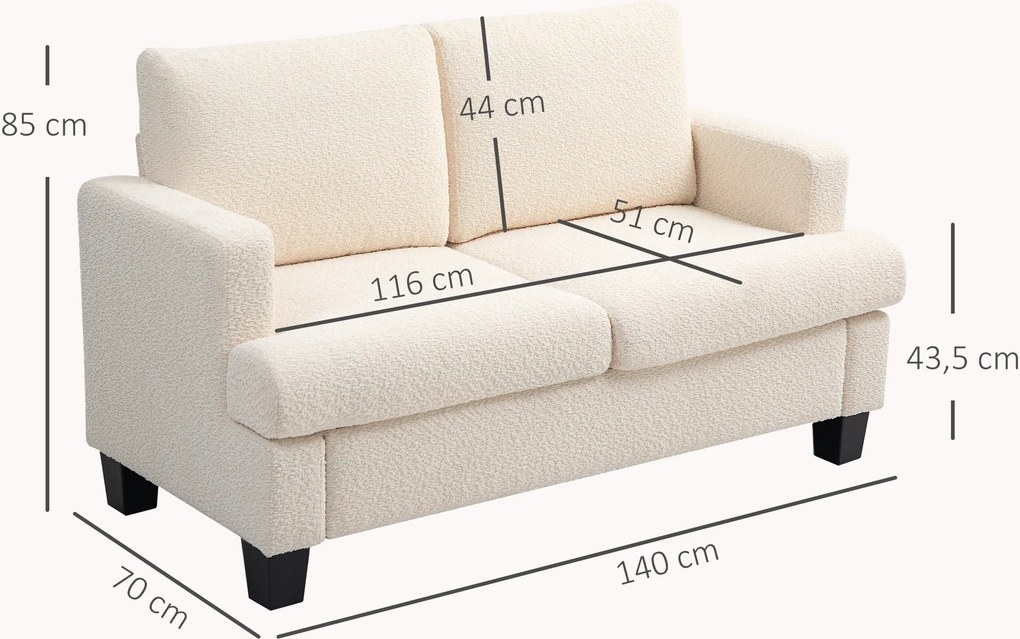 HOMCOM 2-místná pohovka moderního stylu 140 cm s odnímatelnými zádovými polštáři a opěrkami na ruce, mini pohovka do ložnice, bytu, pro malé prostory…