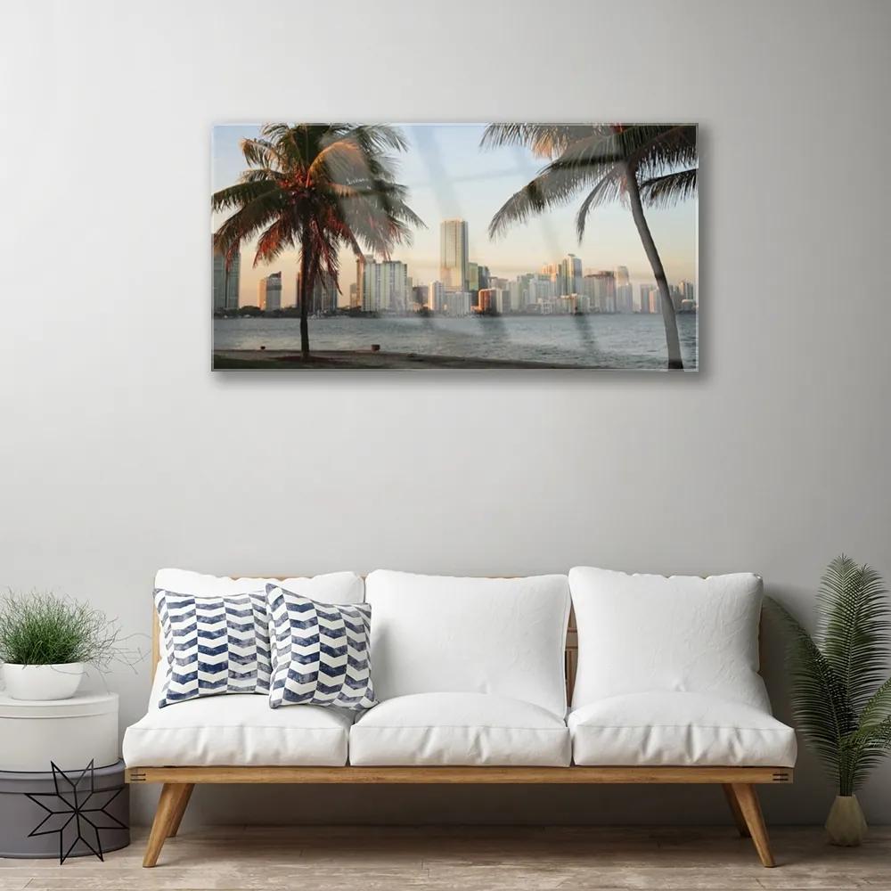 Obraz na skle Palmy Tropy Město Moře 125x50 cm