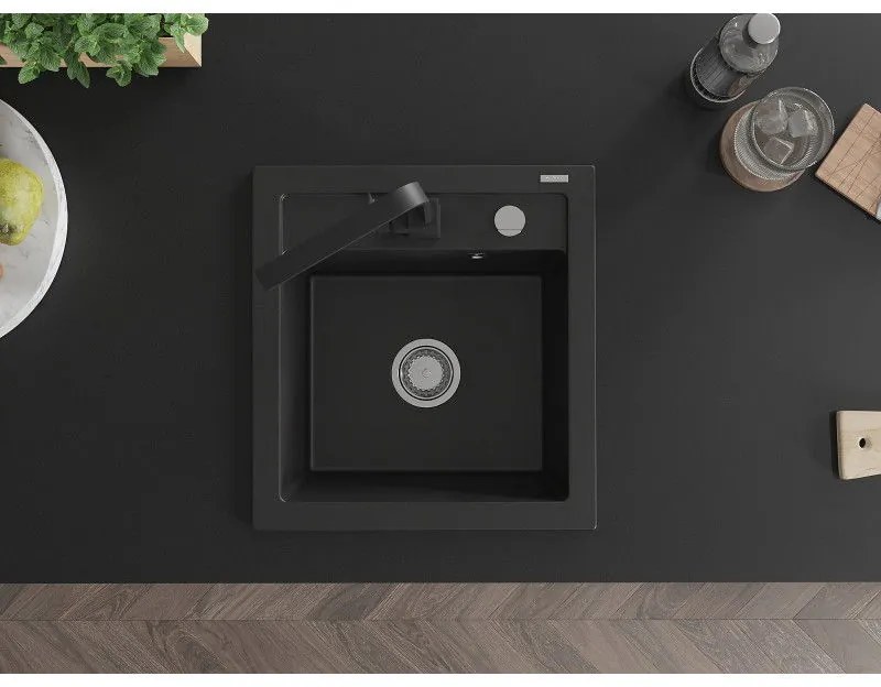 Mexen Vito, 1-komorový granitový dřez 520x490x210 mm, černá baterie Rita, černá, 6503-77-670300-70