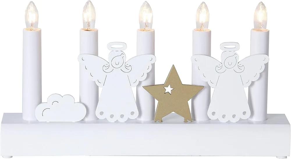 Vánoční dřevěný svícen, zdobený figurkami andělíčků, 5 svíček Barva: Bílá