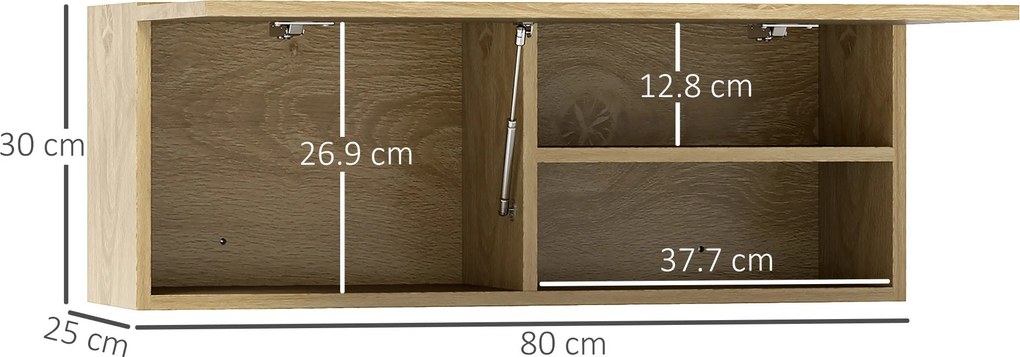 Nástěnná koupelnová skříň HOMCOM s výklopnými dveřmi, zavěšená koupelnová skříň s dřevěnými policemi, 80x25x30 cm, přírodní dřevo