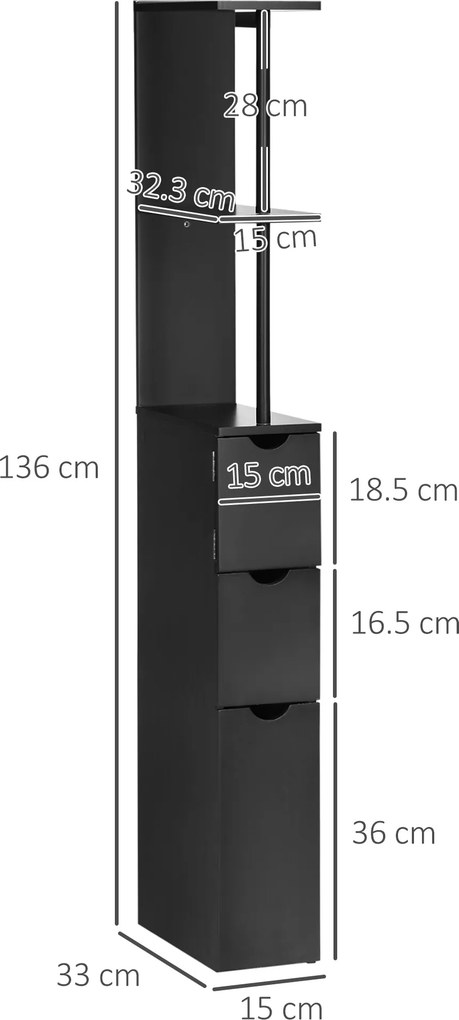 HOMCOM Koupelnová skříňka, úsporná dřevěná koupelnová skříňka s policemi a šuplíky, 15x33x136 cm, Černá