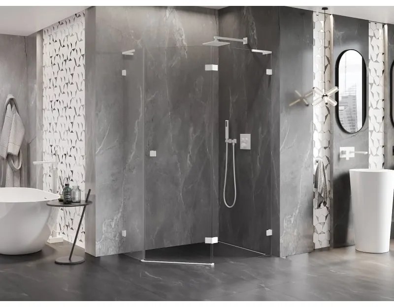 Mexen Lunar, L pravý výklopný pětiúhelníkový sprchový kout 90 x 80 cm, 8mm čiré sklo, bílý profil, 831L-090P-080L-20-00-P