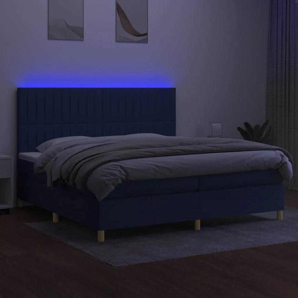 Box spring postel s matrací a LED modrá 200x200 cm textil 3135627