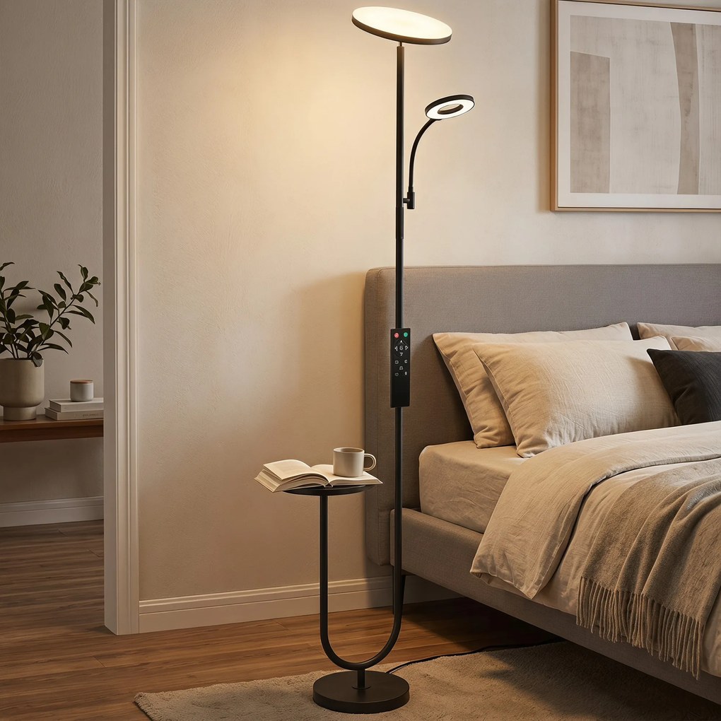 HOMCOM LED stropní reflektor s odkládacím stolkem a čtecí lampou, stmívatelná stojací lampa s dálkovým ovládáním, 4 barevné teploty