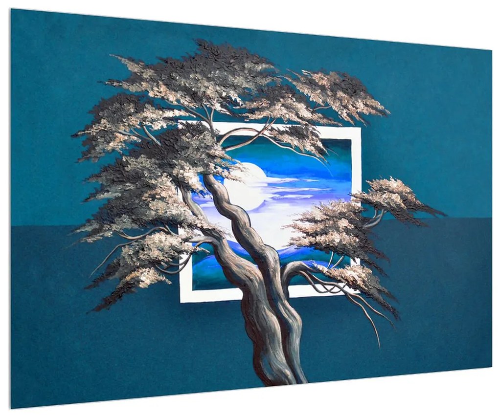 Modrý obraz stromu a východu slunce (90x60 cm)