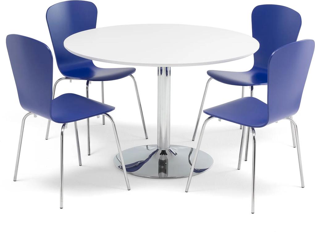 AJ Produkty Jídelní set Lily + Milla: stůl Ø 1100 mm, bílá/chrom + 4 židle, modré
