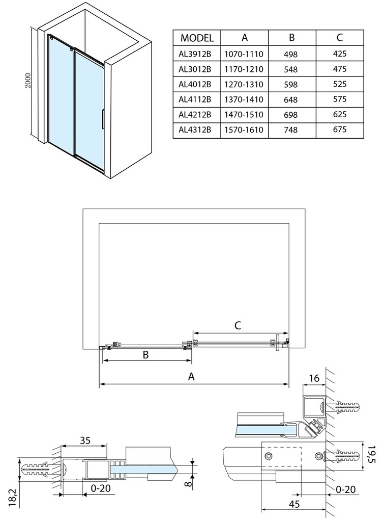 Polysan ALTIS BLACK posuvné dveře 1570-1610mm, výška 2000mm, čiré sklo, AL4312B