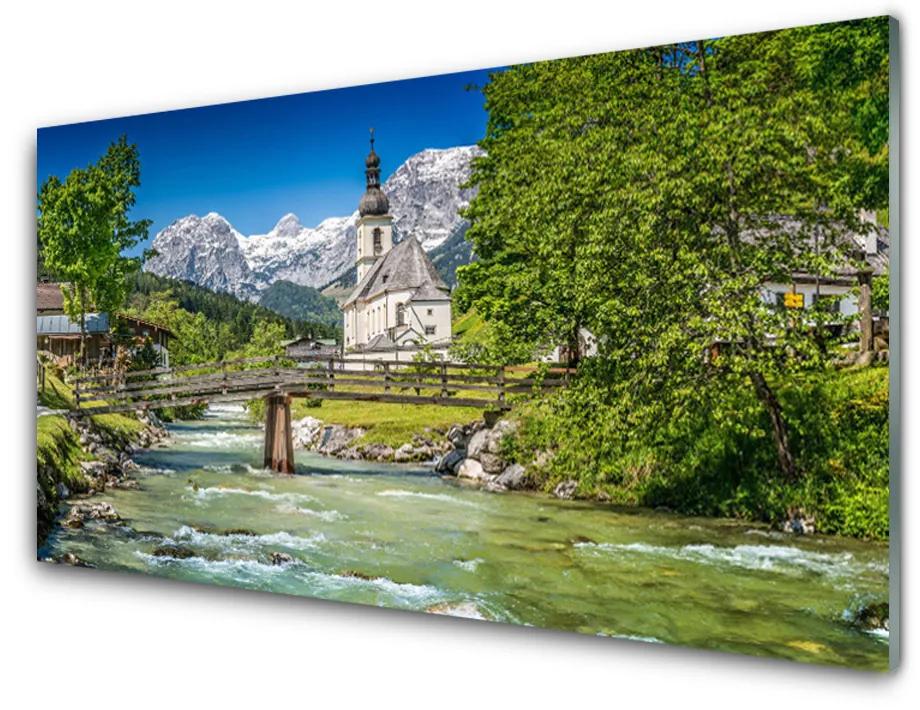 Obraz na skle Kostel Most Jezero Příroda 140x70 cm