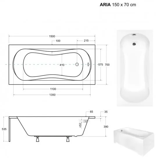 BESCO Obdélníková vana ARIA PLUS Nožičky k vaně - S nožičkami, Rozměr vany - 150 × 70 cm - VANARIA150PLUS+OLVPINOZ