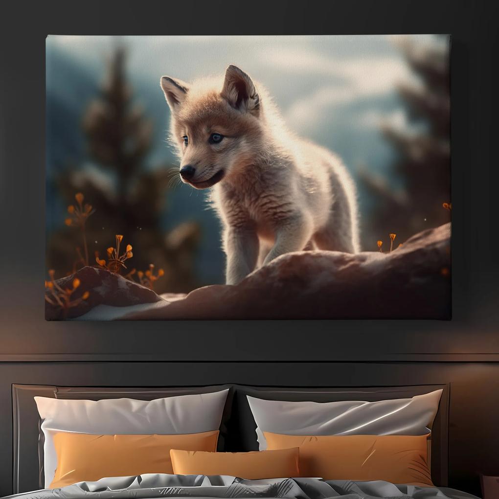Obraz na plátně - Malý vlček na skále objevuje svět FeelHappy.cz Velikost obrazu: 180 x 120 cm
