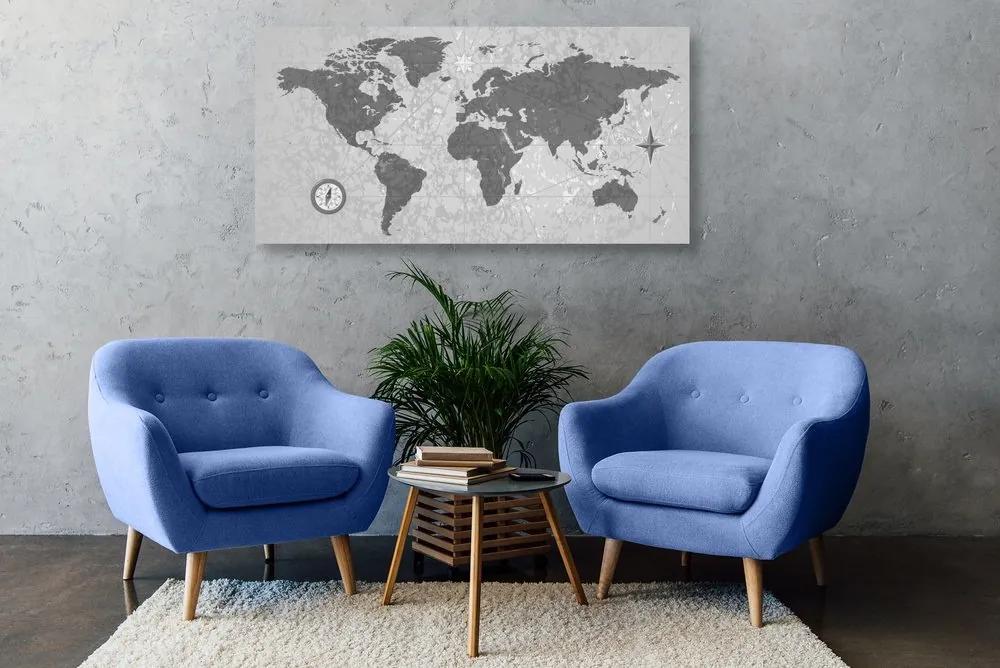 Obraz mapa světa s kompasem v retro stylu v černobílém provedení - 100x50 cm