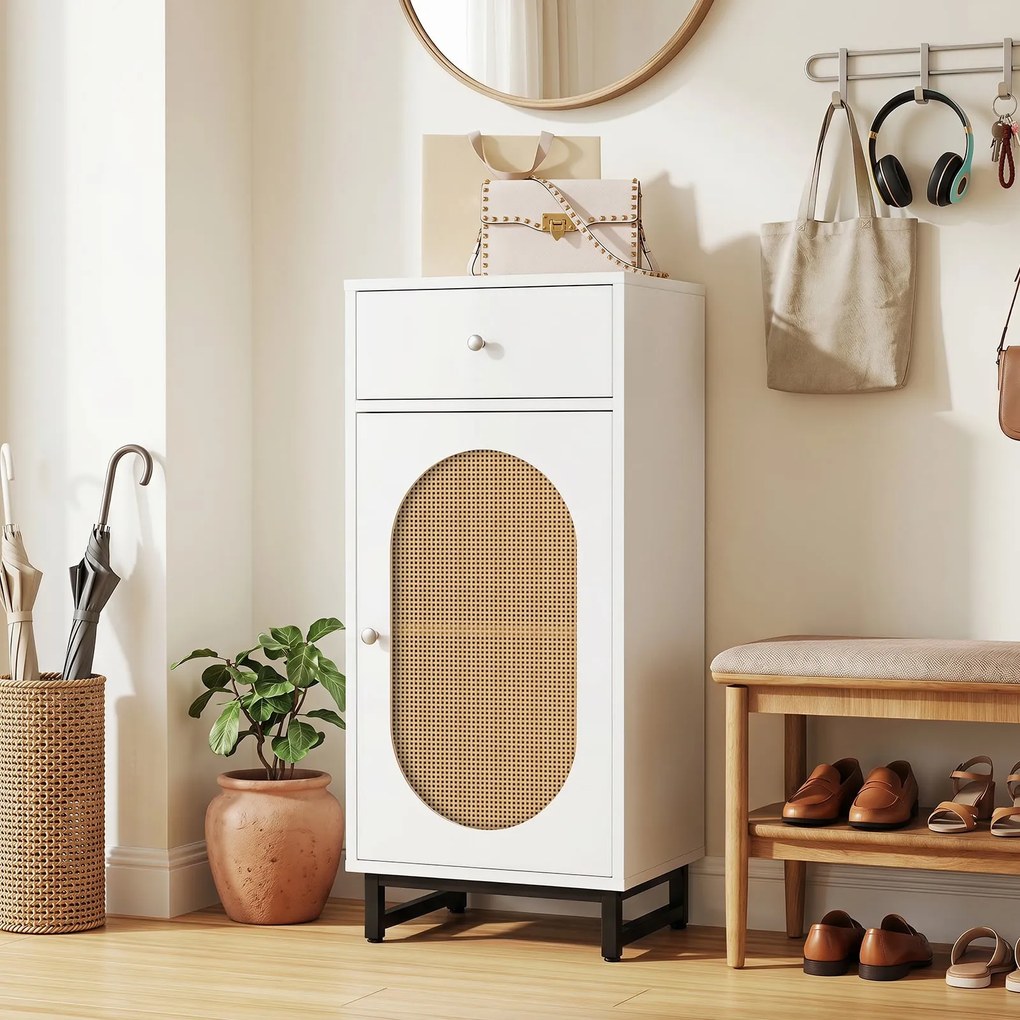 Costway Ratanový noční stolek s dvířky a zásuvkou Boho s – 40 × 30 × 91 cm