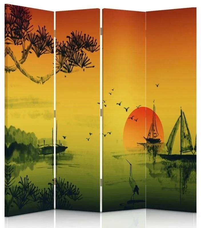 Ozdobný paraván Západ slunce v Japonsku - 145x170 cm, čtyřdílný, klasický paraván