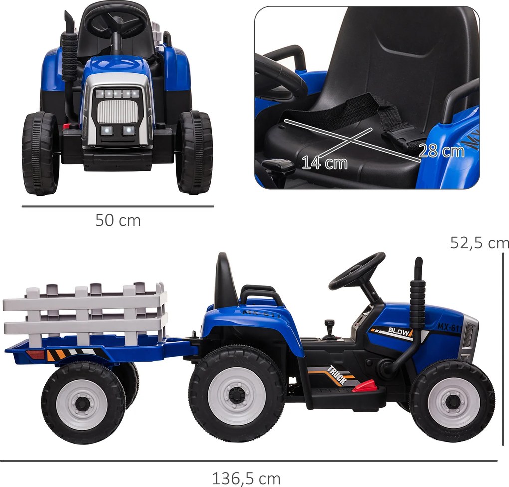 HOMCOM Elektrický dětský traktor s dálkovým ovládáním a přívěsem, MP3 světlomet, 3-6 km/h, pro děti od 3 do 6 let, modrý |