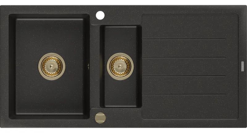 Mexen Andres 1,5-miskový granitový dřez s odkapávačem 1000 x 500 mm Černá/Zlatá kovová, sifon Zlatá - 6515101510-75-G