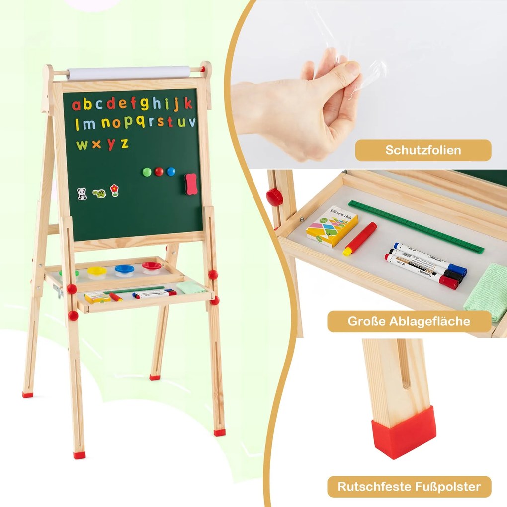 Costway Dřevěný umělecký stojan pro děti 3-in-1 Skládací oboustranný magnetický
