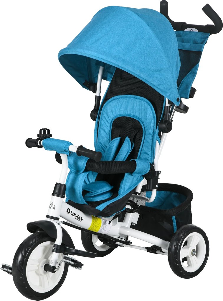 HOMCOM 6-in-1 Odrážedlo s Push Rukojetí, Dětské Odrážedlo s Odnímatelným Slunečníkem, Polstrované, Vyvažovací Kolo s 5-bodovým Bezpečnostním Pásem, Ko