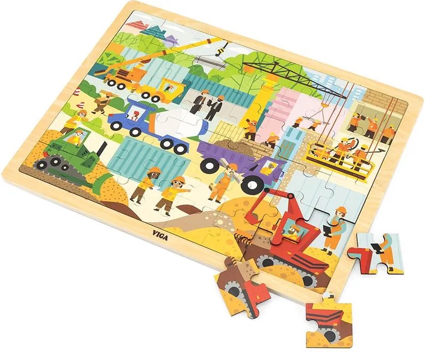 Dřevěné puzzle 48 dílků Viga Stavební stroje