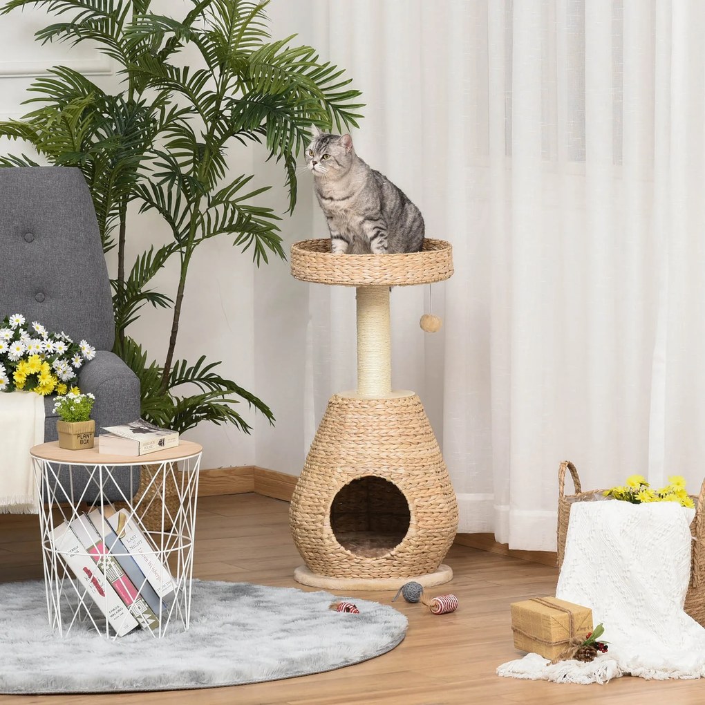 PawHut Kočičí strom s škrabadlem, nábytek pro koťata, s kočičí jeskyní, kuličkovým hračkem, sisal, měkký plush, výška 82,5 cm, žlutý