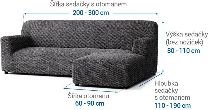 Bielastické potahy MOSAICO tmavě šedé sedačka s otomanem vpravo (š. 170 - 300 cm)