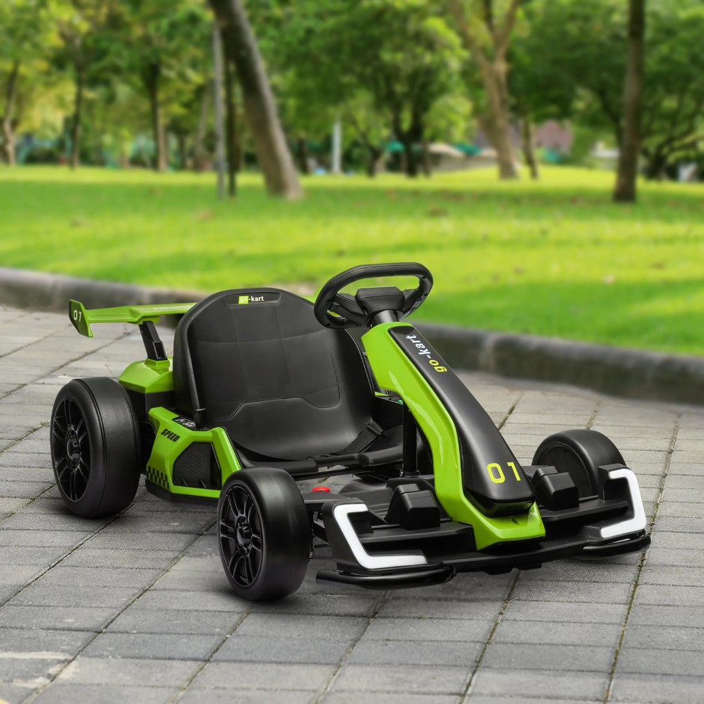 HOMCOM Elektrické Go-Kart pro Děti 6-12 Let 24V 6-12km/h s Nastavitelným Sedadlem, 2 Motory, Drift Go-Kart s Klaksonem, Světly a Hudbou, Zelené
