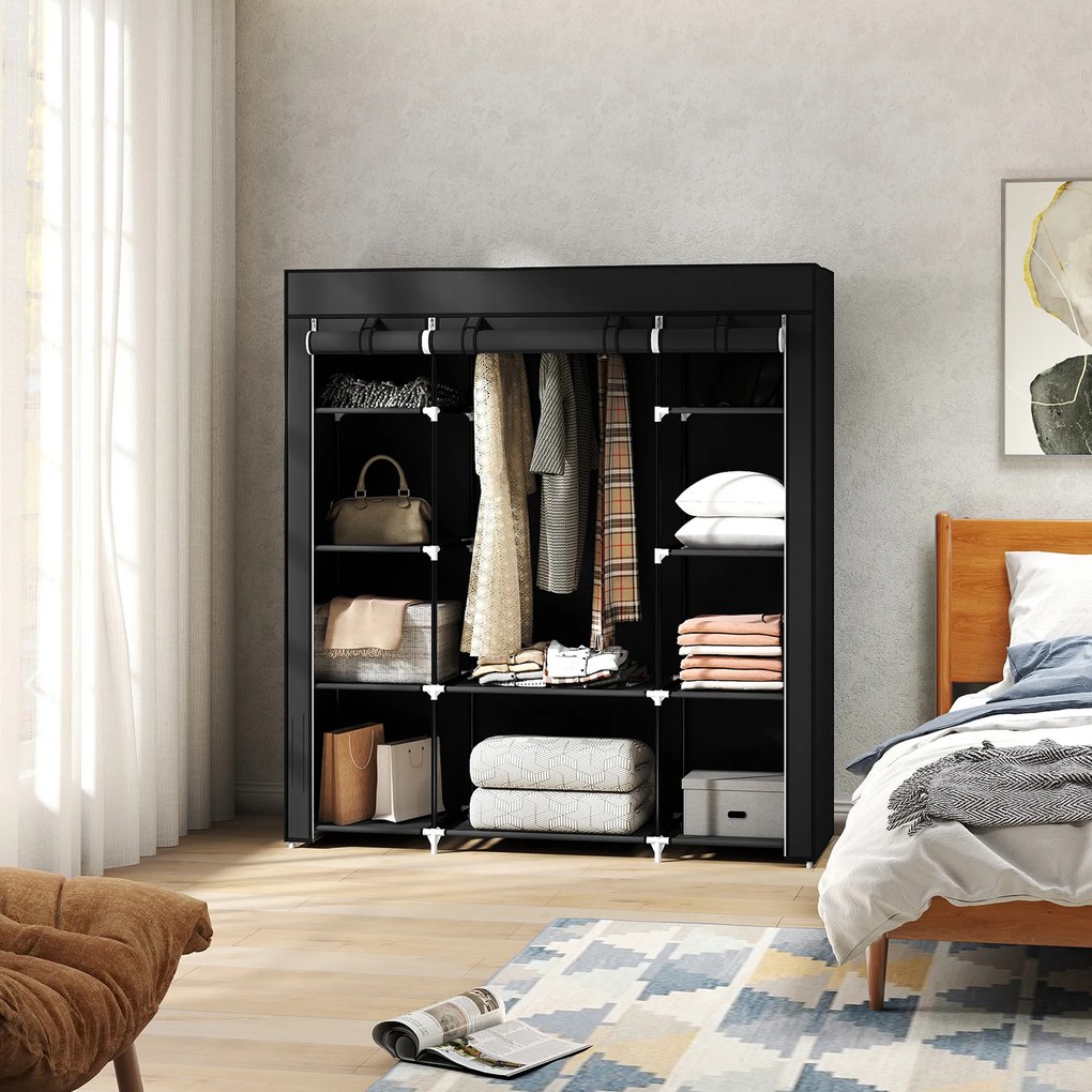 HOMCOM Látková šatní skříň na zip, 1 tyč na šaty, 10 polic, 150x43x162,5cm, netkaná textilie, prostorově úsporná a robustní | Aosom.de