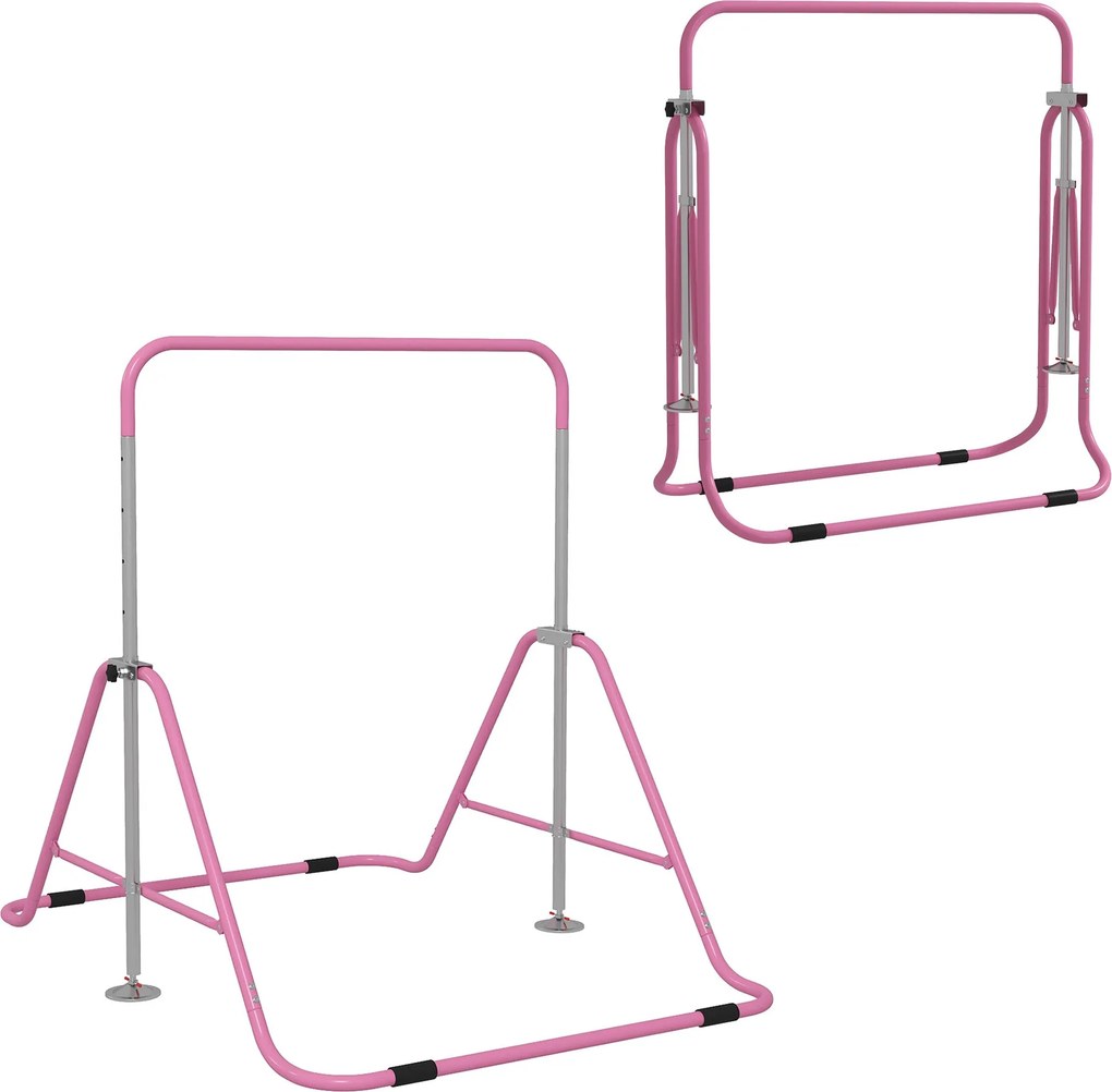Skládací hrazda HOMCOM pro děti 3-8 let, gymnastická hrazda s 5 nastavitelnými výškami a ocelovou konstrukcí, 154x106,2x88,5-128,5 cm, Růžová | Aosom