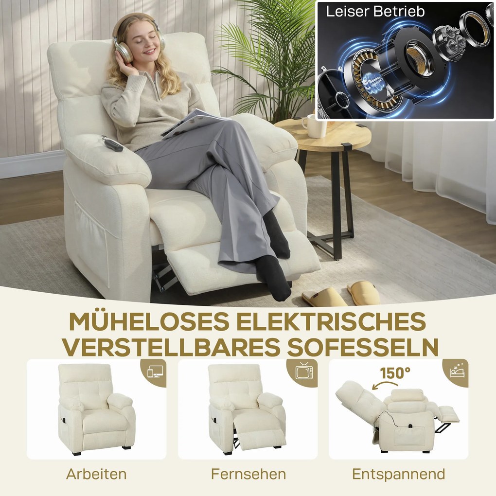 HOMCOM Elektrické relaxační křeslo televizní křeslo s opěrkou nohou, bočními kapsami, bezkartáčovým motorem, USB portem, dálkovým ovládáním