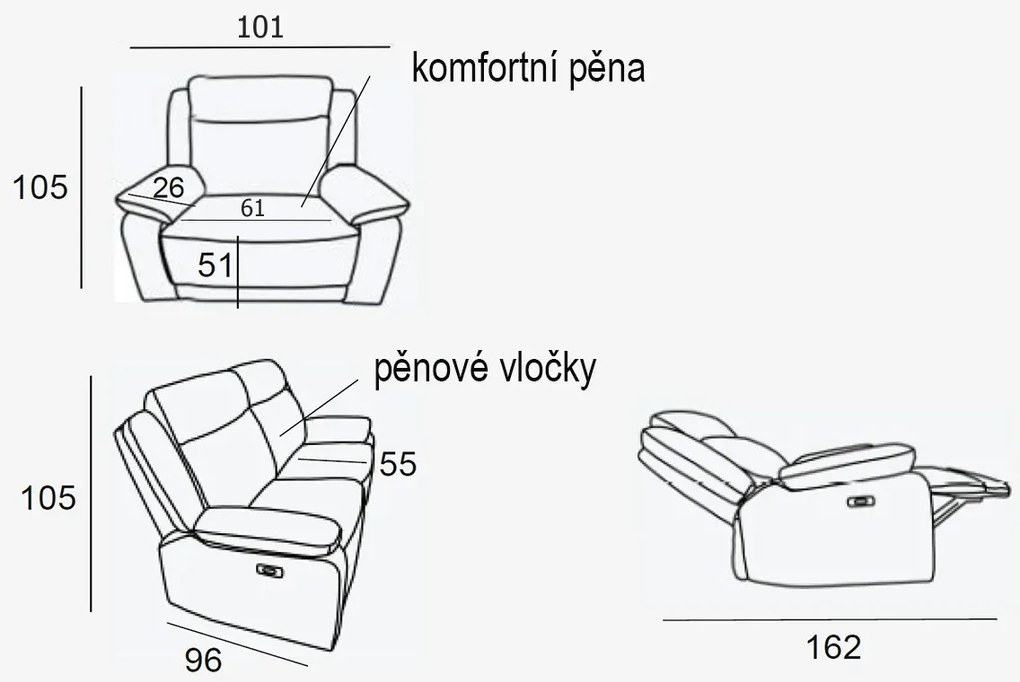 Kožené křeslo CONTINENTAL s elektrickou funkcí relax 1P, elektrické, zelená (green 321)