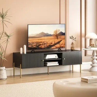 HOMCOM TV nábytek pro televizory až do 165,1 cm, žebrované dveře, otevřené přihrádky, kovové nohy, 140 x 38 x 45,9 cm, černé