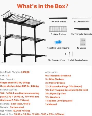 3patrový vysoce odolný nástěnný regál do garáže, 275 × 914 mm VEVOR