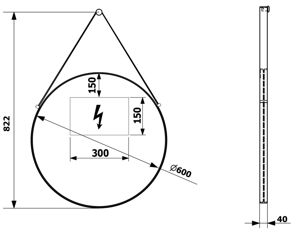 Sapho ORBITER kulaté zrcadlo s LED osvětlením ø 60cm, kožený pásek, černá mat - ORL060