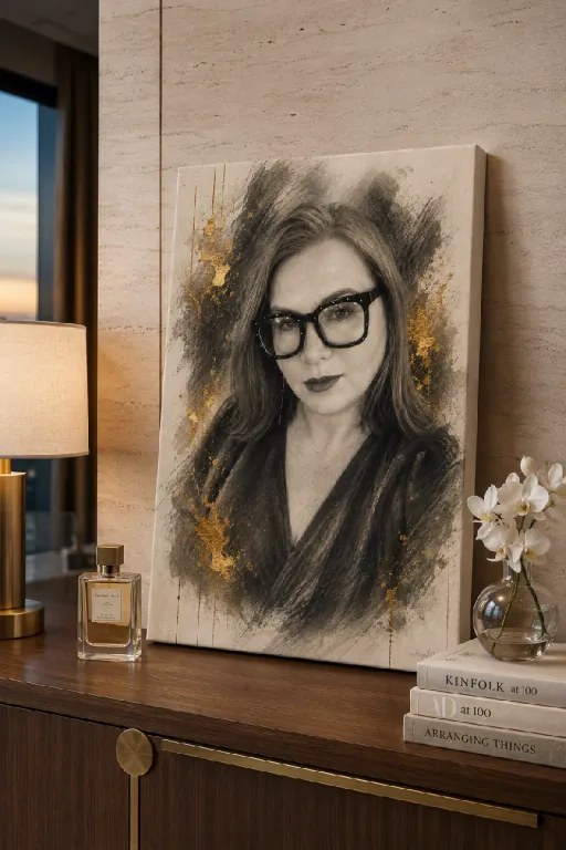 Foto obraz z vlastní fotky na plátno – Charcoal & Gold luxusní portrét Rozměry obrazu: 60 x 80 cm