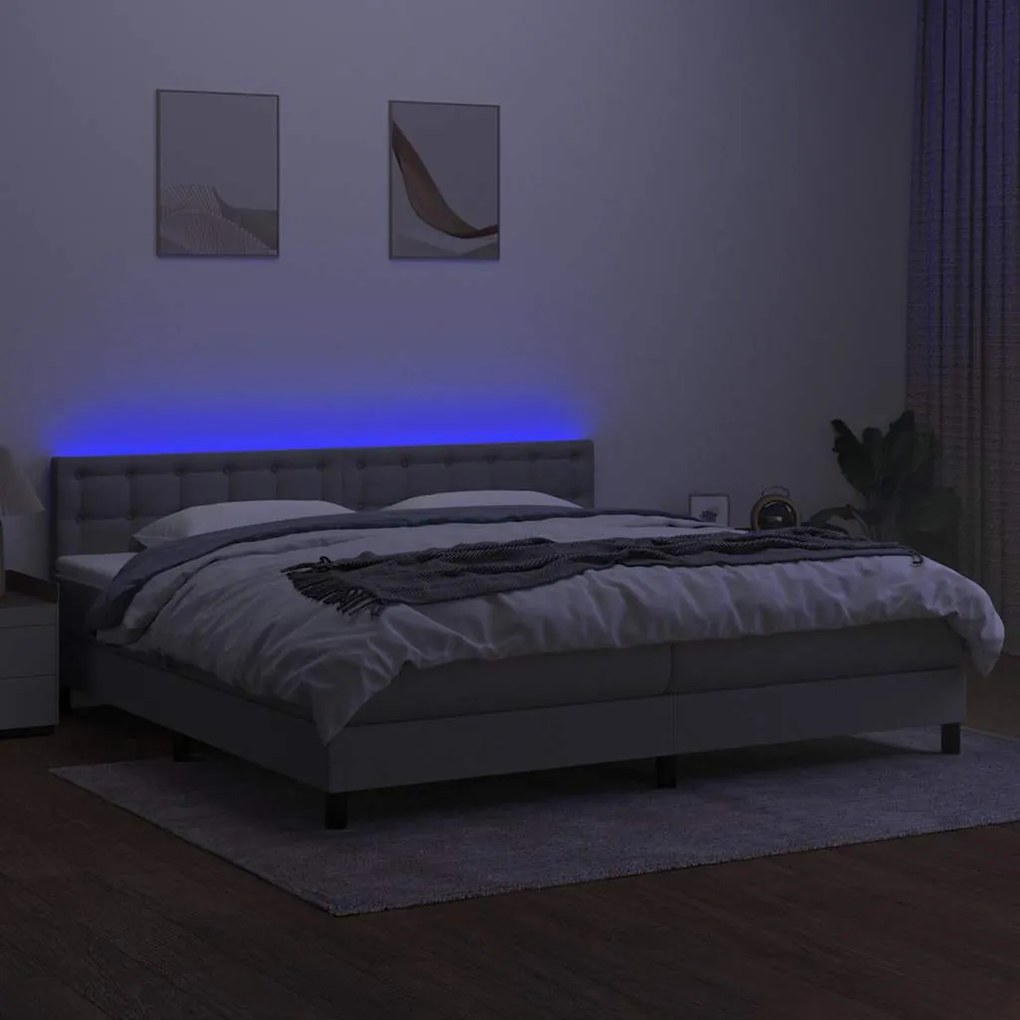 Box spring postel s matrací a LED světle šedá 200x200 cm textil 3133501