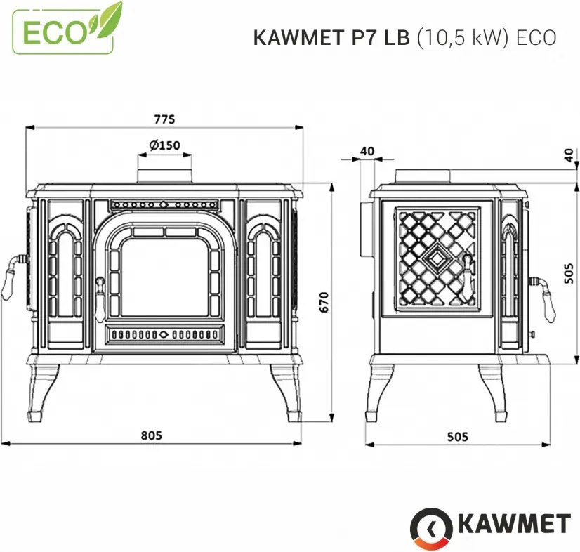 KAWMET Litinová krbová kamna P7 LB - 10,5 kW ECO