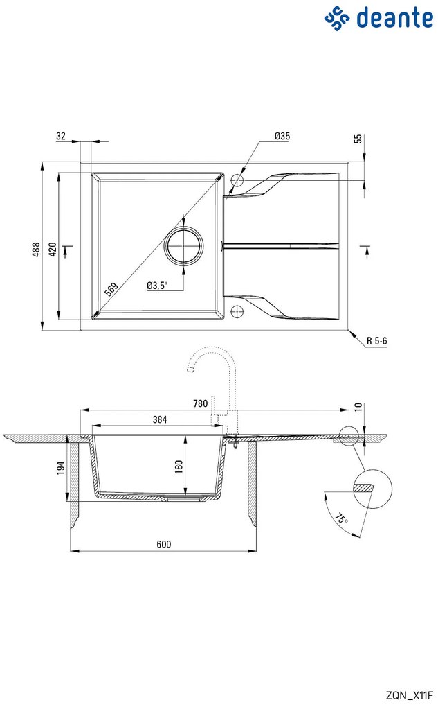 Deante Andante Flush, granitový dřez 780x490x194 mm, 3,5" + prostorově úsporný sifon, 1-komorový, antracitová mezalíza, ZQN_T11F
