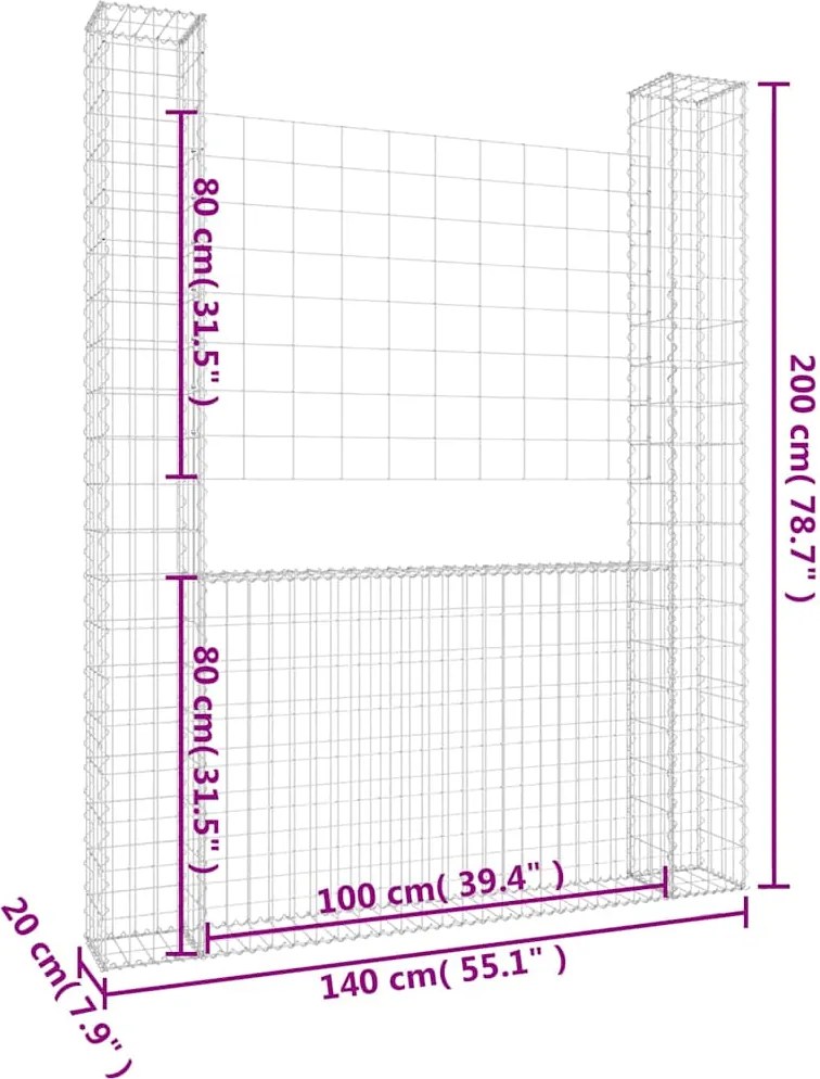 Gabionový koš ve tvaru U se 2 sloupky železo 140 x 20 x 200 cm 151289