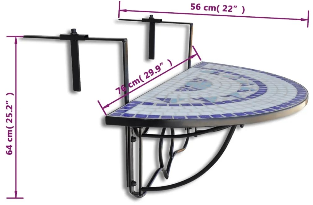 vidaXL Marketos Závěsný stolek na balkon modrý a bílý mozaika