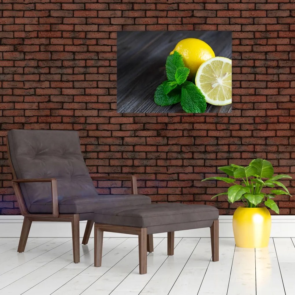 Skleněný obraz citrónů a máty na stole (70x50 cm)