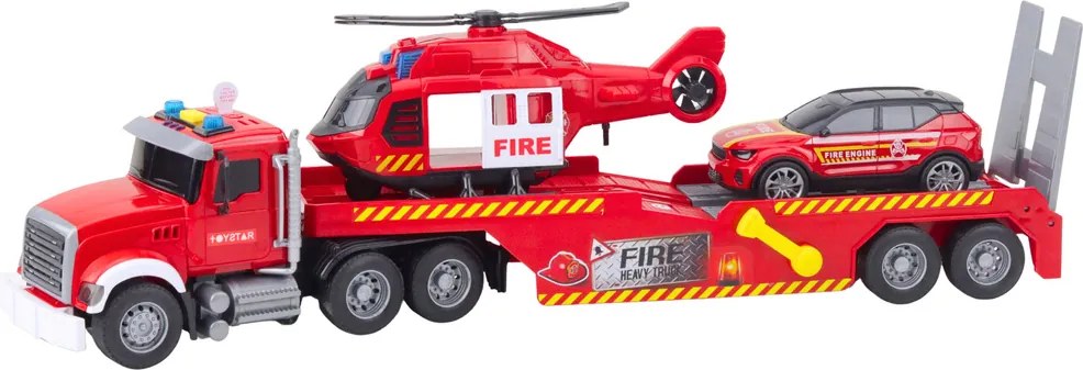 LEAN Toys Hasičský karavan Vrtulník Světla auta Zvuky Červená