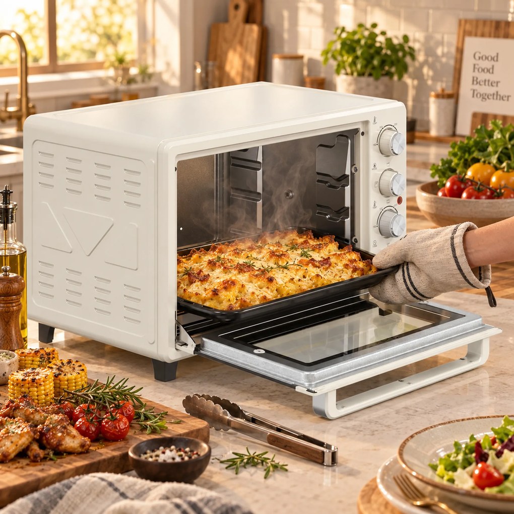 HOMCOM stolní elektrická trouba 32 L 1600 W se 3 režimy ohřevu, časovač, nastavitelná teplota 52,2x38,1x33,5 cm krémová