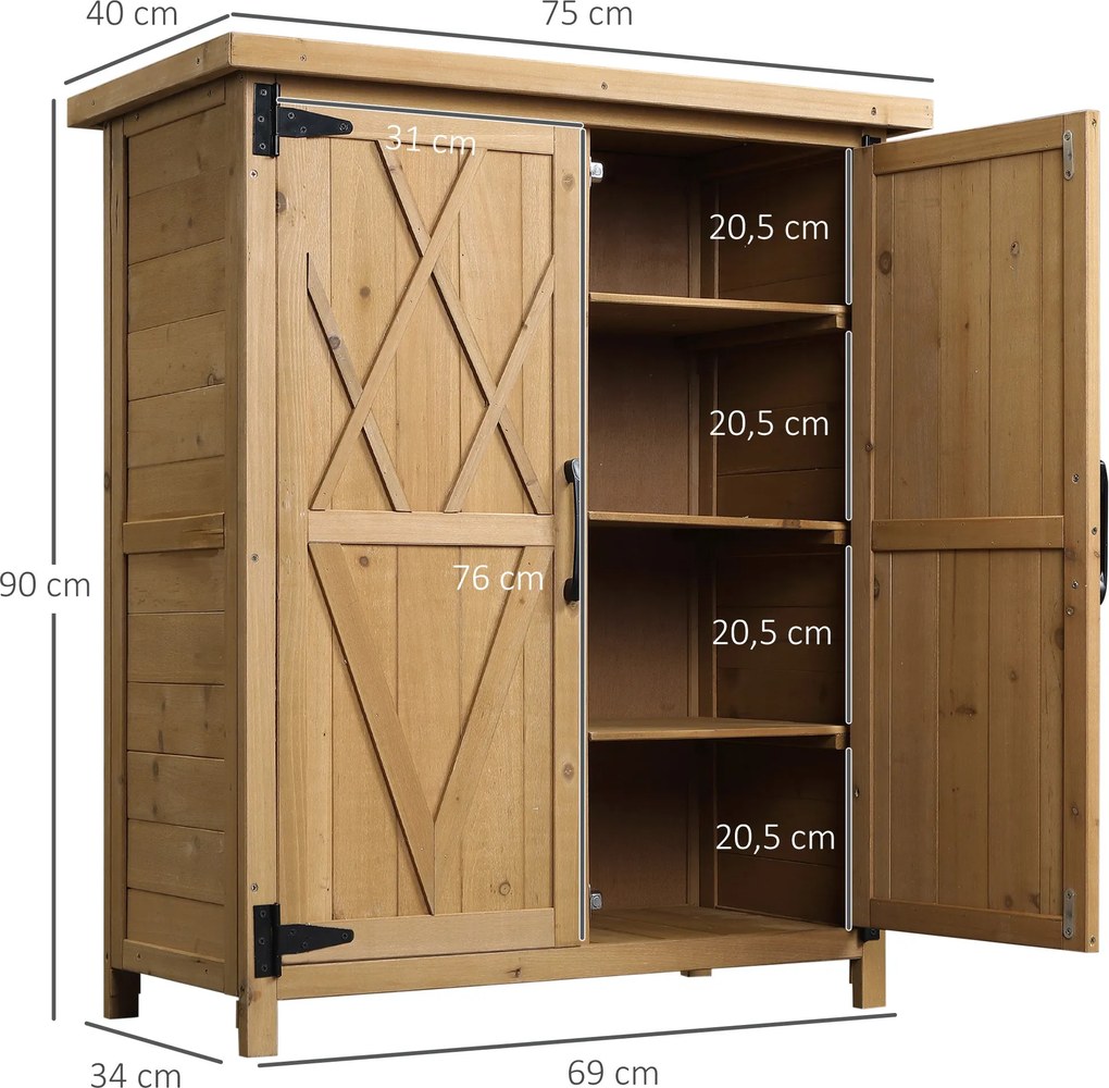 Outsunny Venkovní Dřevěná Úložná Skříň 0,24 m² 75x40x90 cm Zahradní Domek s 2 Dveřmi, 4 Policemi a Pozinkovanou Střechou pro Úložný Prostor Nářadí