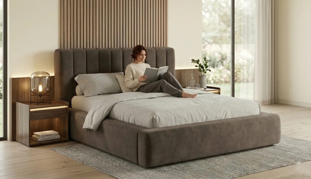 Čalouněná postel BORMINI+, 140x200 cm, s úložným prostorem a roštem Úložný prostor: S kovovým rámem úložného prostoru, Barva látky Velutto: Olivová (Velutto 09)