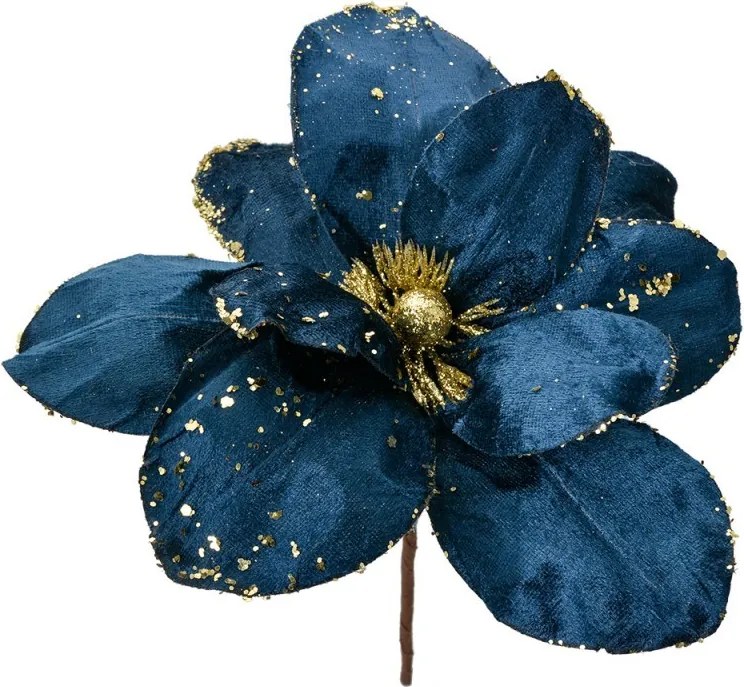 Modro-zlatá dekorace květina vánoční hvězda Poinsettia - Ø 25*25 cm
